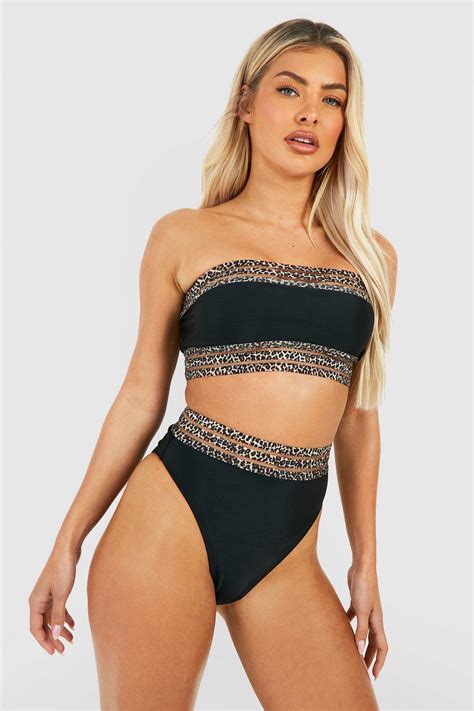 Swimwear Leopard Mesh Trim Bandeau Bikini Set Boohoo