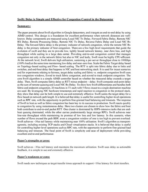 Cs 4392 Computer Networks Paper Review Swift Delay Is Simple And