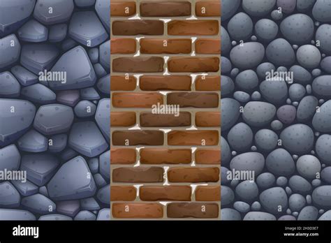 Game Texture Stones Pebbles And Brick Wall Seamless Pattern Cartoon