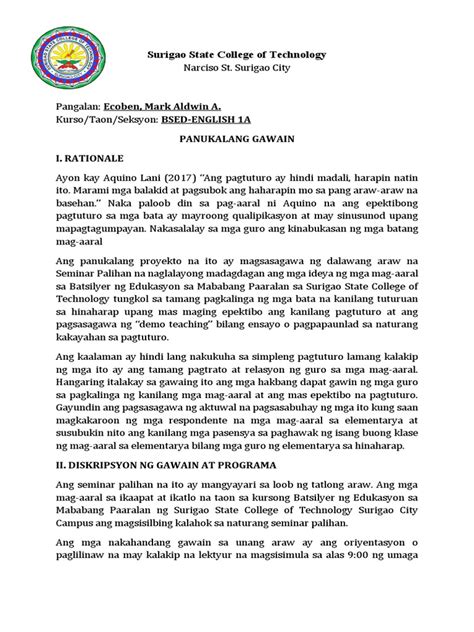 Ecoben Mark Aldwin Bsed 1a Panukalang Gawain Pdf