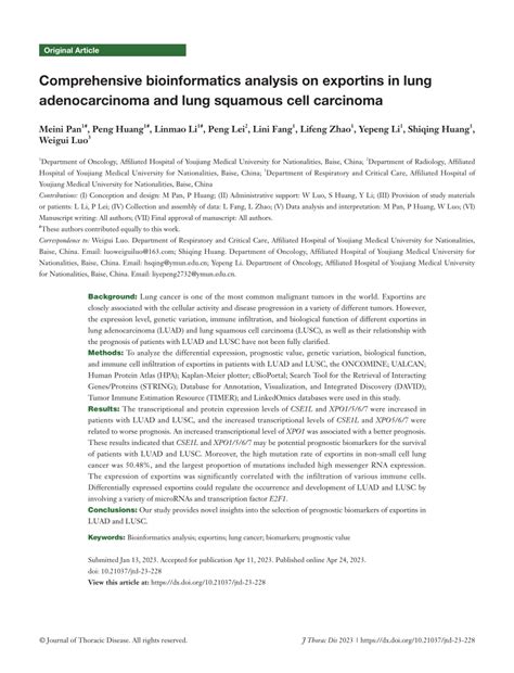 Pdf Comprehensive Bioinformatics Analysis On Exportins In Lung Adenocarcinoma And Lung