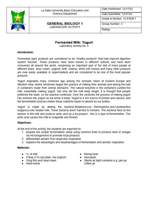 Lab Pt Yogurt Fermentation Pdf Yogurt Fermentation
