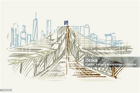 뉴욕의 브루클린 다리를 묘사한 손으로 그린 컬러 드로잉 브루클린 다리에 대한 스톡 벡터 아트 및 기타 이미지 브루클린 다리