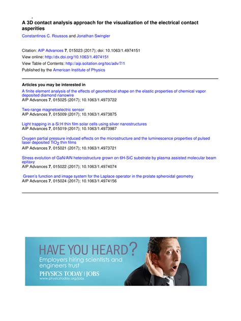 Pdf A 3d Contact Analysis Approach For The Visualization Of The Electrical Contact Asperities