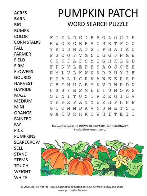 Pumpkin Patch Word Search Puzzle For Fall Fun
