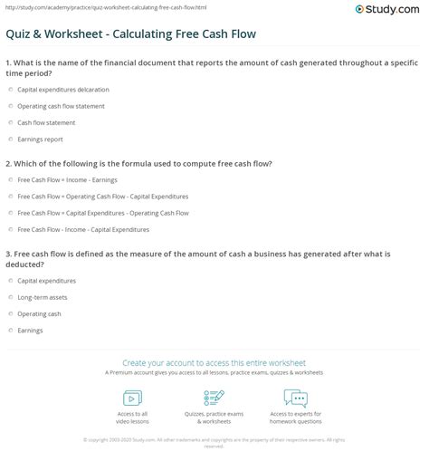 Quiz And Worksheet Calculating Free Cash Flow