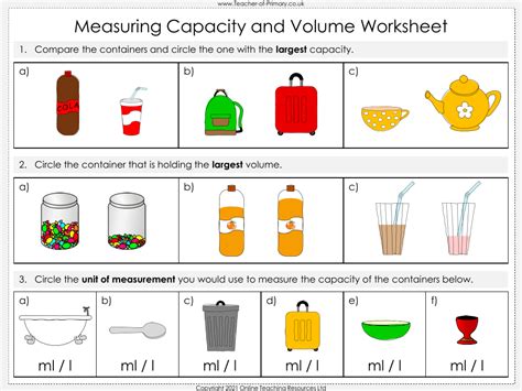 Measuring Capacity And Volume Worksheet Maths Year 2