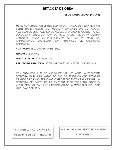 Bitacora De Obra 2021 Alumbrado 26 De Marzo De 2021 Nota 1 Obra