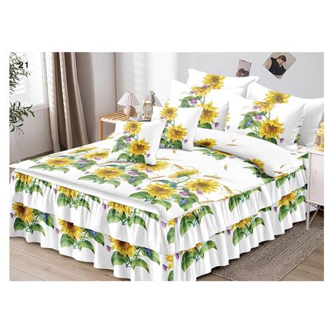 Спално бельо за 2 човека с волани фино 6 части Бяло със слънчоглед А21 Emag Bg