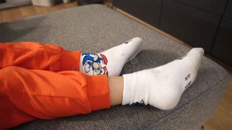 Young Boy Wearing Sonic The Hedgehog Socks Closeup Shot Stock Footage