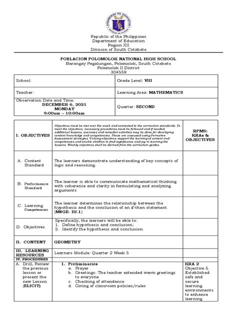 Math 8 Lesson Plan Pdf Learning Teachers