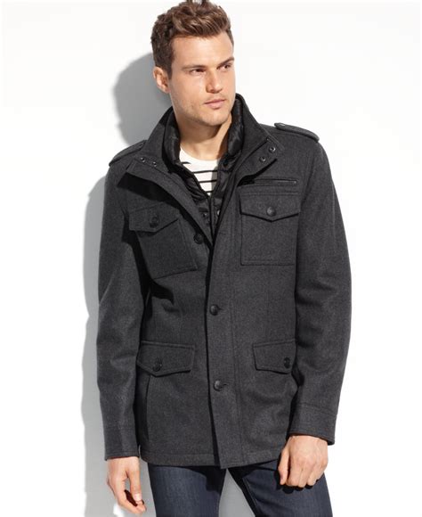 Guess Coats Wool Blend Military Coat With Removable Puffer Bib In Charcoal Black For Men Lyst