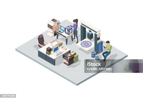 엔지니어 3d 프린팅 3d 부품을 만드는 스마트 기술을 사용하여 설계된 사람들은 3d 부품을 작업자와 결합한 벡터 등대 측정 내부를 만듭니다 생활필수품에 대한 스톡 벡터