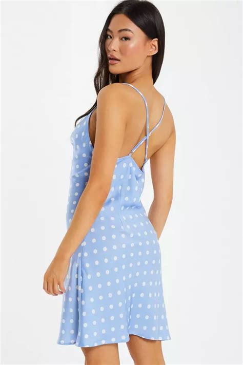 Blue Polka Dot Satin Slip Mini Dress Quiz Clothing