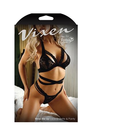 Vixen Wrap Me Up Lace Bralette And Panty Black O S