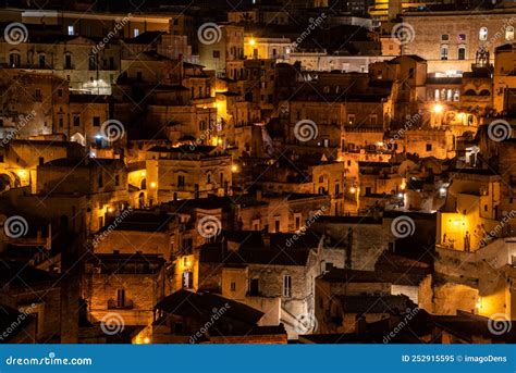 Scenic Skyline Of Sassi Di Matera At Night Southern Italy Stock Image