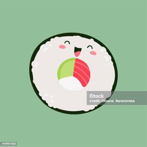 참치와 초밥 롤 마키 평면도 귀여운 캐릭터 디자인 녹색 배경에 격리된 벡터 만화 삽화 간장에 대한 스톡 벡터 아트 및 기타