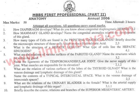 Uhs Past Papers Mbbs First Professional Part 2 Anatomy 2006 Annual