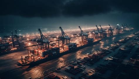 Premium Ai Image Container Ship Unloading Cargo At Illuminated