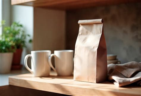 나무 선반 에 있는 커피 봉투 와 컵 Ai 생성 이미지