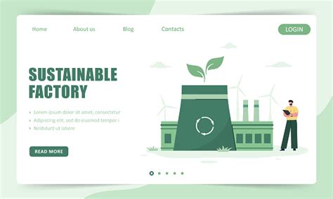 지속 가능한 공장 랜딩 페이지 템플릿 Co2 중성 재생 가능 에너지를 사용하는 녹색 산업 공장 저탄소 및 환경 책임 개념 플랫 만화 스타일의 벡터 일러스트 레이 션 0에