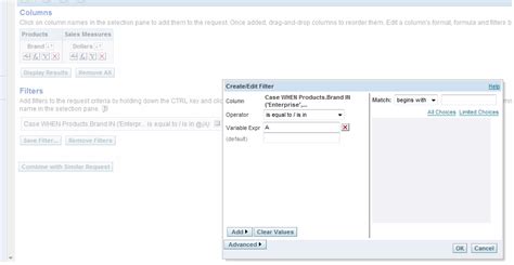 obiee groupings report column values and prompt values