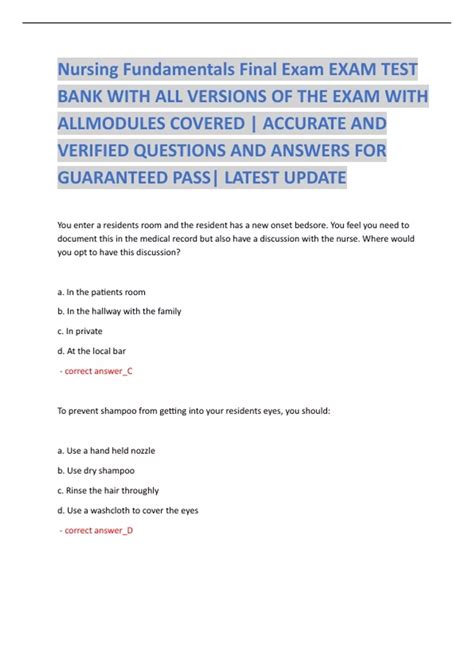 Nursing Fundamentals Final Exam Exam Test Bank With All Versions Of The Exam With Allmodules