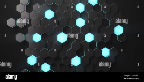 Black Geometric Hexagonal Abstract Background Surface Polygon Pattern With Blue Glowing