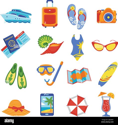 Summer Holiday Tropical Beach Vacation Flat Icons Set With Diving