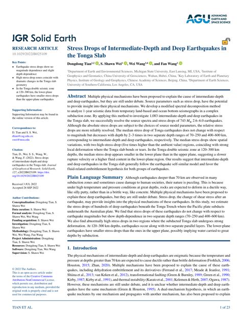 Pdf Stress Drops Of Intermediate‐depth And Deep Earthquakes In The Tonga Slab
