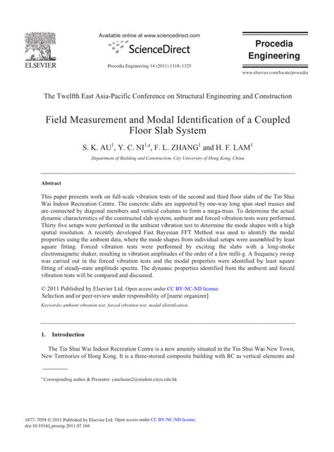 Pdf Field Measurement And Modal Identification Of A Coupled Floor
