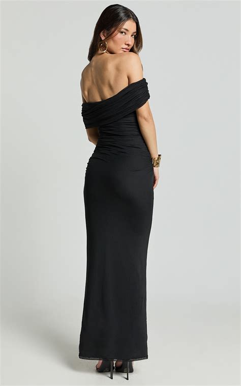 Caterina Maxi Ruched Off Shoulder Mesh Dress In Black Showpo Usa