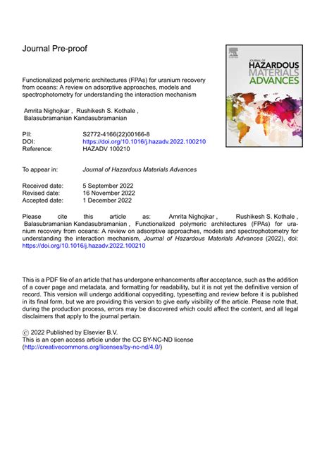 Pdf Functionalized Polymeric Architectures Fpas For Uranium Recovery From Oceans A Review