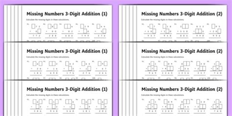 Addition 3 Digit Numbers Missing Numbers Differentiated Worksheet