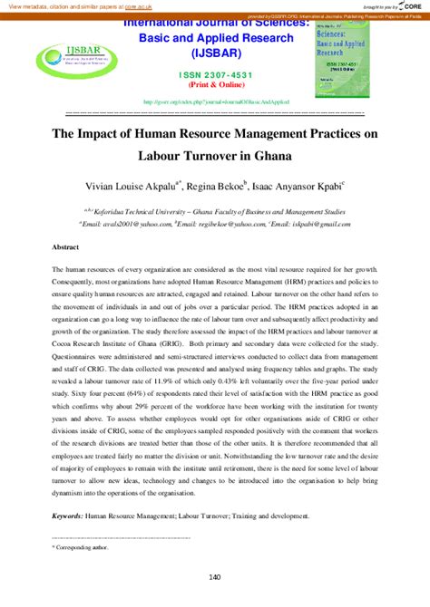 Pdf Hrm Practices And Their Impact On Labor Turnover In Ghana