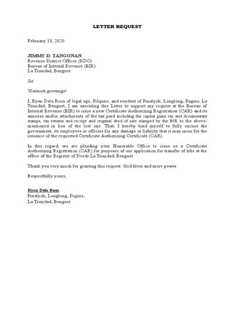 Letter Of Request To Bir22020 Pdf