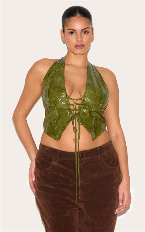 Plus Olive Washed Pu Lace Up Plunge Halterneck Top Plus Size