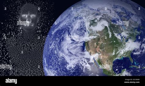 composition of exploding human bust with binary coding over globe stock