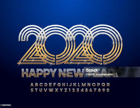 벡터 세련된 인사말 카드 새해 복 구 이 2020 반짝이는 별 글꼴 골든 알파벳 세트 12월 31일에 대한 스톡 벡터 아트 및