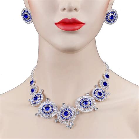 Chran 신부 들러리를 위한 우아한 실버 도금 블루 크리스탈 서클 링크 웨딩 쥬얼리 세트신부 쥬얼리 세트 Aliexpress