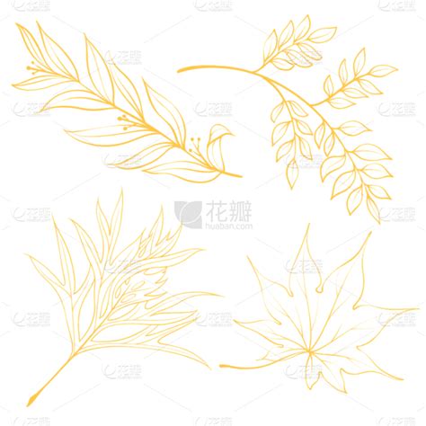 黄色手绘线条线稿叶子元素