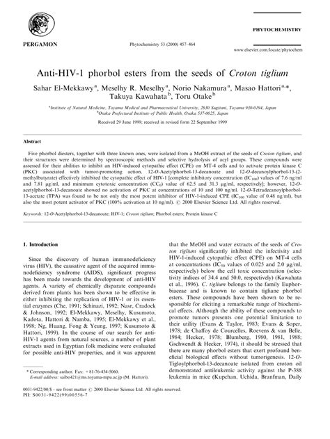 Pdf Anti Hiv 1 Phorbol Esters From The Seeds Of Croton Tiglium