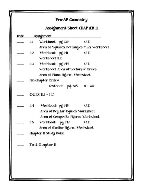 Fillable Online Pre Ap Geometry Assignment Sheet Chapter 11 Fax Email