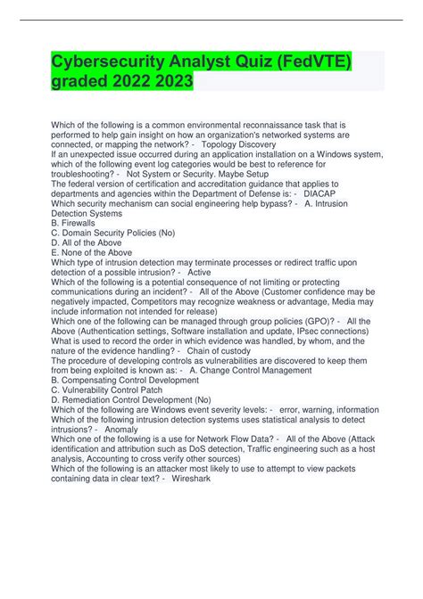 Cybersecurity Analyst Quiz Fedvte Graded The Federal Virtual Training Environment Stuvia Us