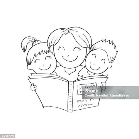 แม่อ่านหนังสือให้ลูกฟัง สไตล์การ์ตูน ภาพประกอบสต็อก ดาวน์โหลดรูปภาพตอนนี้ การระบายสี การ