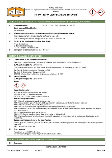 Safety Data Sheet Of 55 37a Extra Light Standard Set White Palace