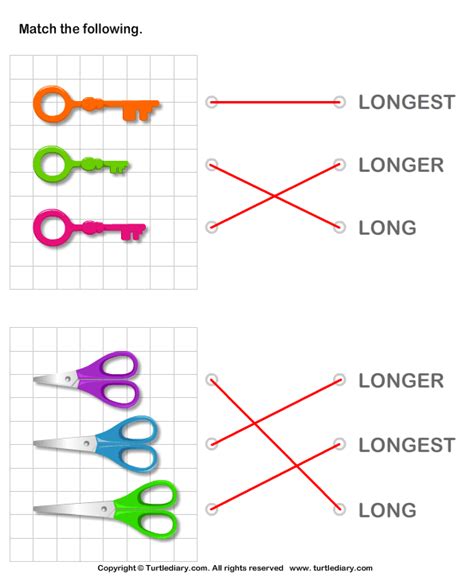 Match Objects With Words Long Longer Longest Worksheet Turtle Diary
