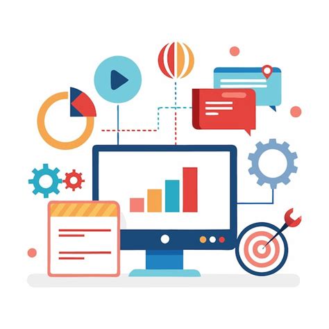 Computer Monitor With Bar Graph Pie Chart Gears Target And Play Button
