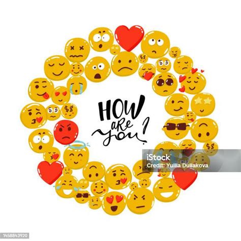 노란색 행복 한 웃는 얼굴과 텍스트를위한 장소가 있는 벡터 프레임 좋은 하루 되세요 감정에 대한 스톡 벡터 아트 및 기타 이미지 감정 귀여운 긍정적인 감정 표현