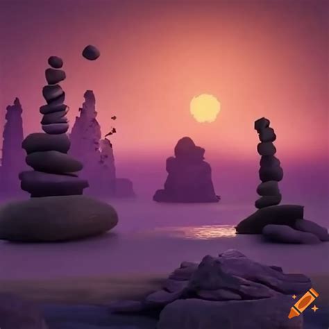 Primitive Village Made Of Stone Piles With Floating Purple Crystals On